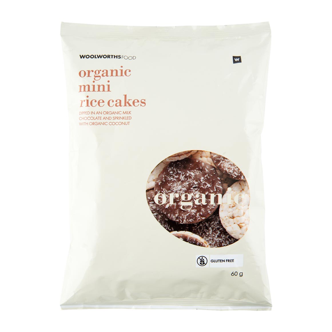 WOOLWORTHS ORGANIC MINI RICE CAKE CHOC & COC 60G